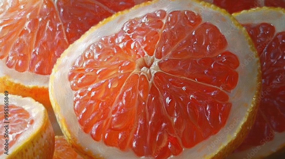 Close up oil painting of peeled pomelo slices featuring juicy red ...