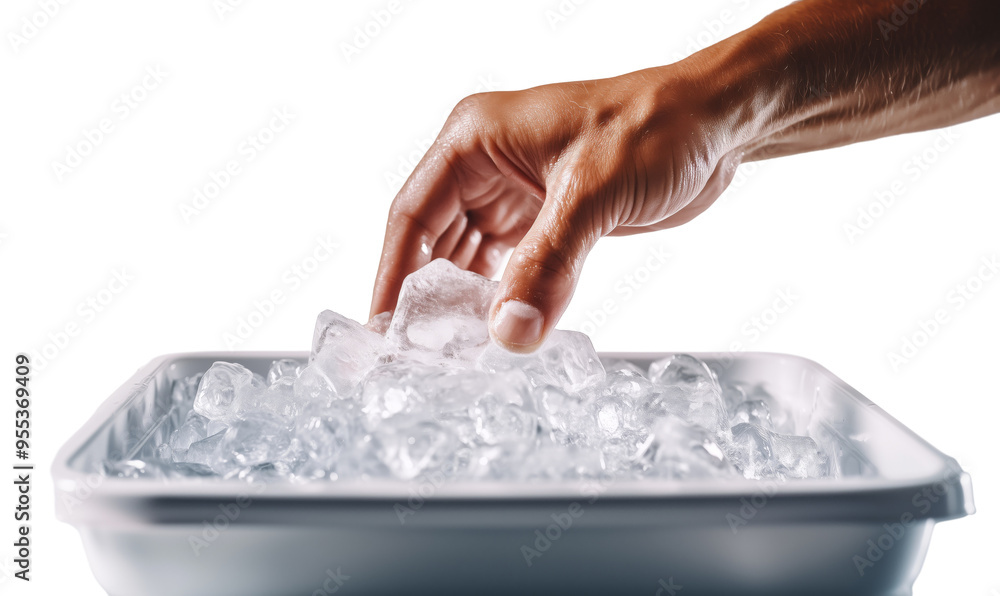 Close-up of a hand picking ice cubes from a white container against a ...