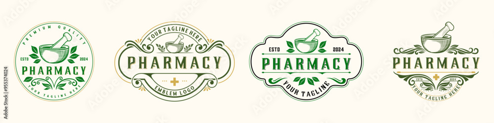 Vintage pharmacy logo. Illustration of mortar and pestle and herbal ...