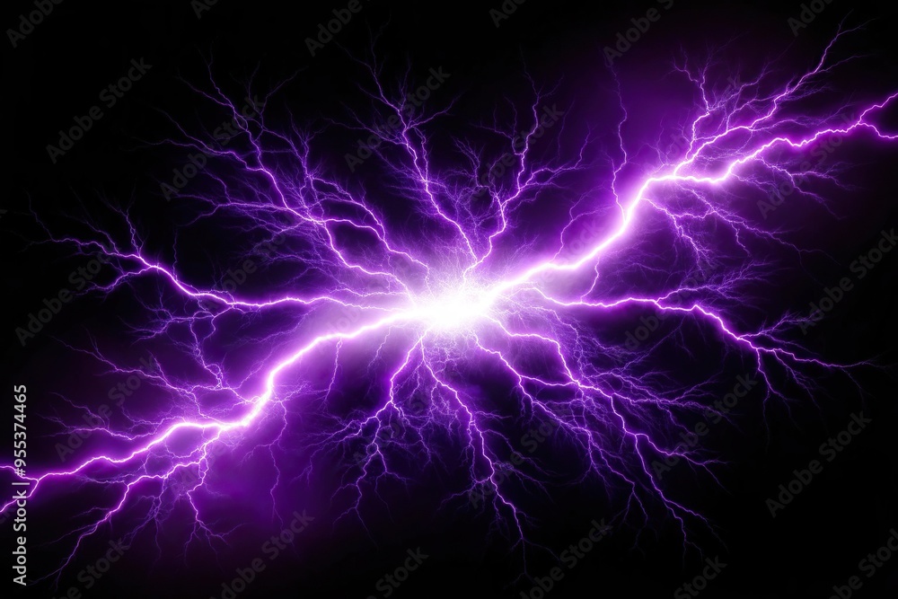 Purple lightning impact effect on plain black background from long shot ...