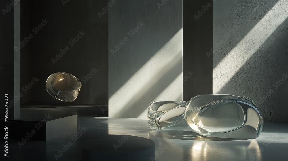 An abstract composition of floating glass cycles with internal glows ...