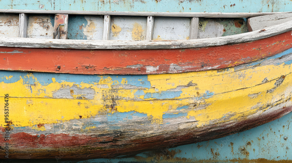 Old wooden fishing boat with weathered colorful paint on shore Stock ...