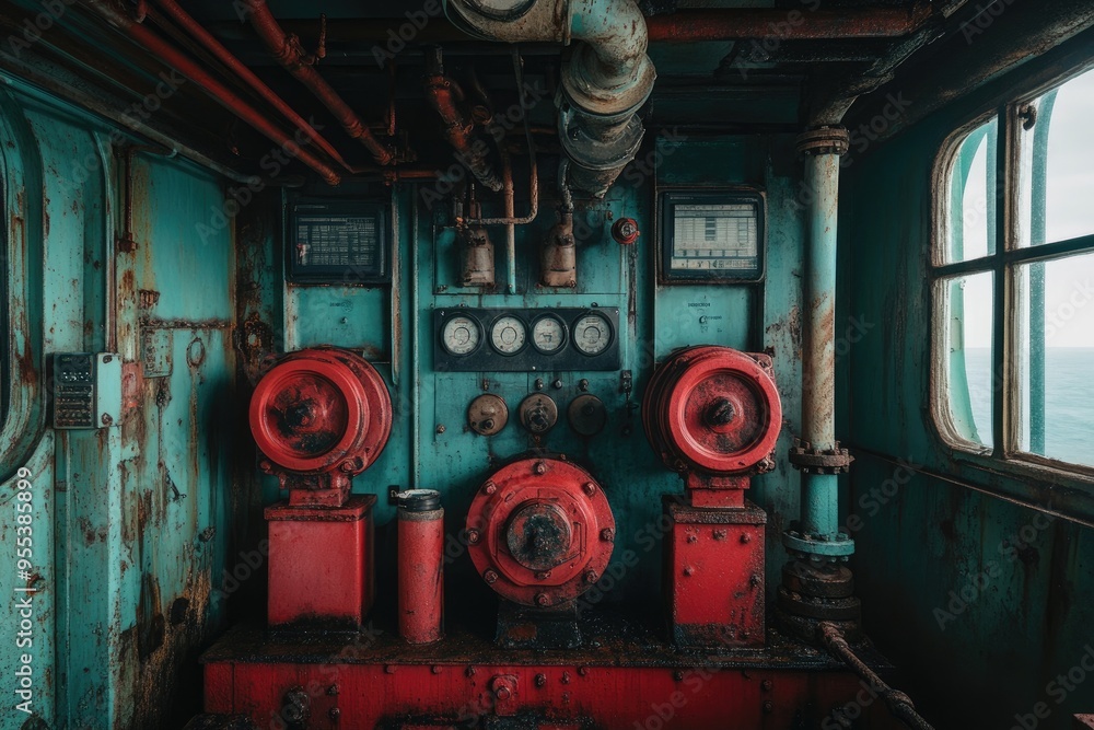 Rusty control panel in an old ship. The photo captures the aging ...