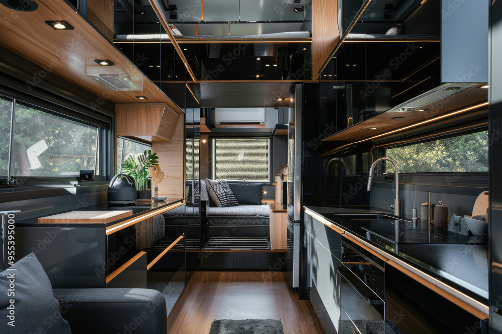 Luxury black motorhome with a bed, a couch, and a kitchen, tiny house ...