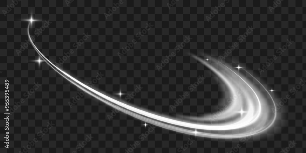 Curved light effect of white bright sparkling motion wave. Dynamic ...