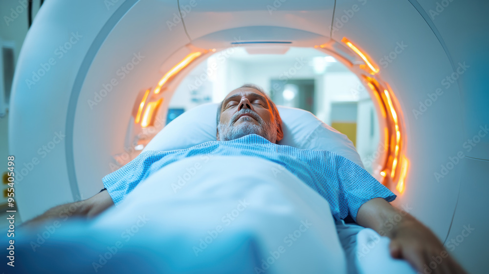 patient allongé sur une table d'examen de scanner IRM dans un hôpital ...