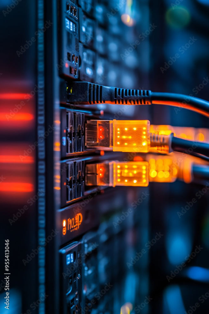 Ethernet cables plugged into network switches, glowing with orange lights, create vibrant and ...