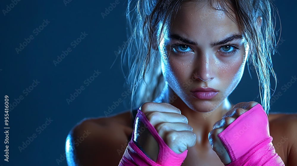 Intense close-up of a female athlete’s fists tightly clenched, with ...