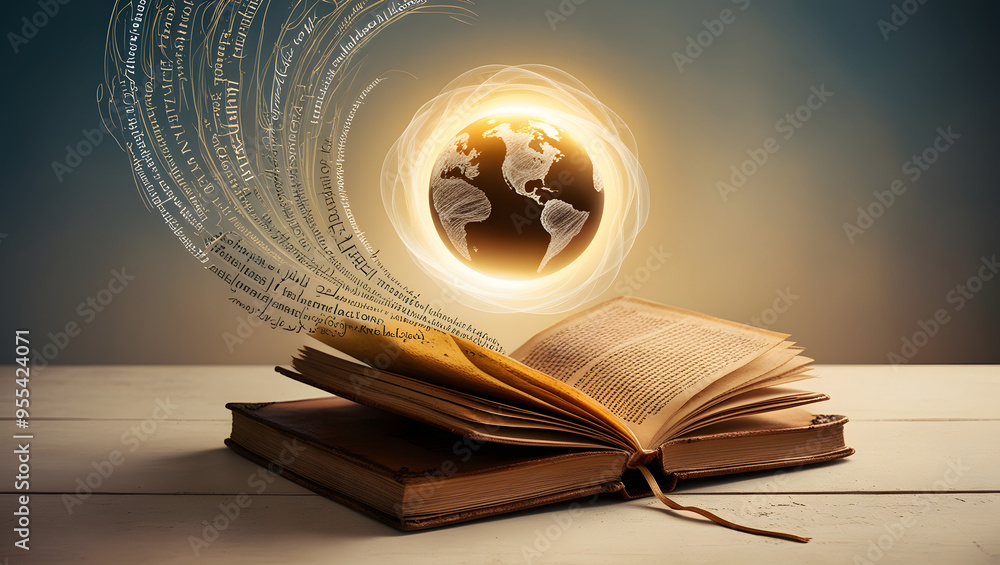 Open Book with Words in Multiple Languages Floating Out, Forming Globe ...