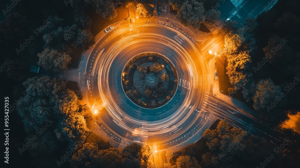 An overhead view of streetlights along a circular roundabout, with ...