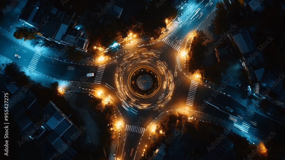 An overhead view of streetlights along a circular roundabout, with ...