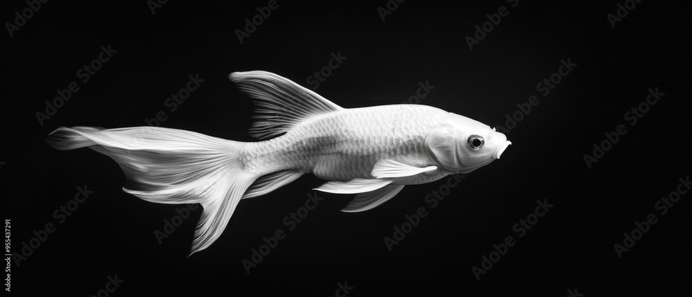 Black and white image of a calm fish swimming gracefully against a ...