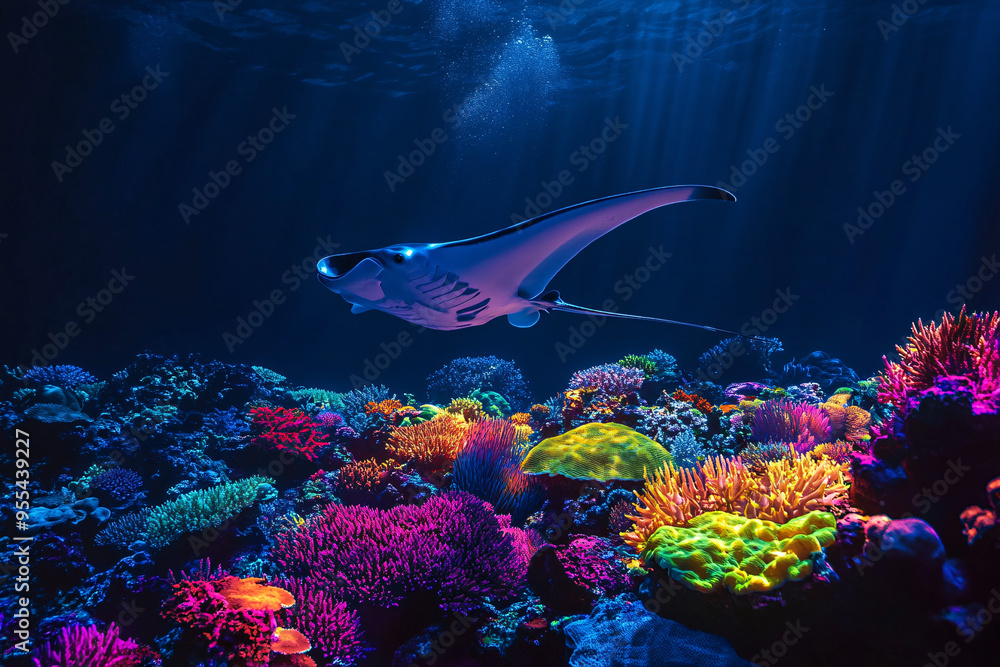 manta ray gracefully glides above a vibrant coral reef filled with ...