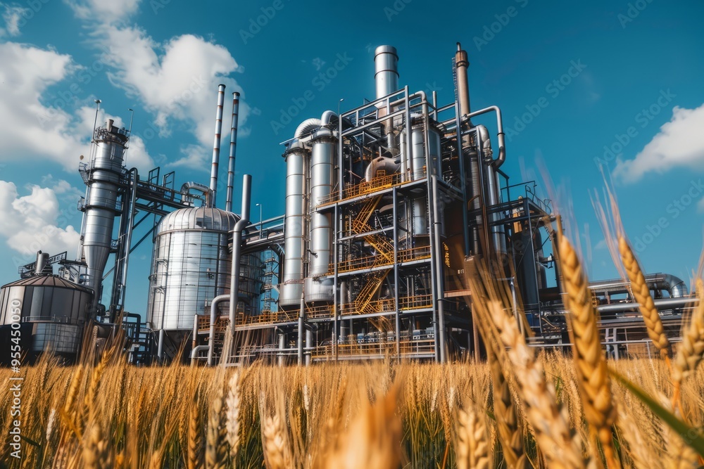 metallic chemical plant with smoke in the middle of a wheat field Stock ...