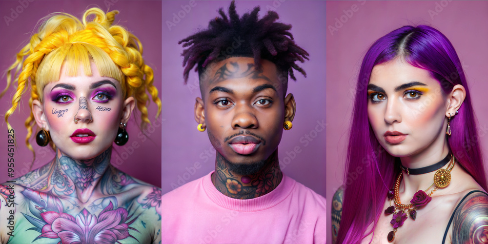 Collage of young multiethnic people with tattoo, piercing and colorful ...
