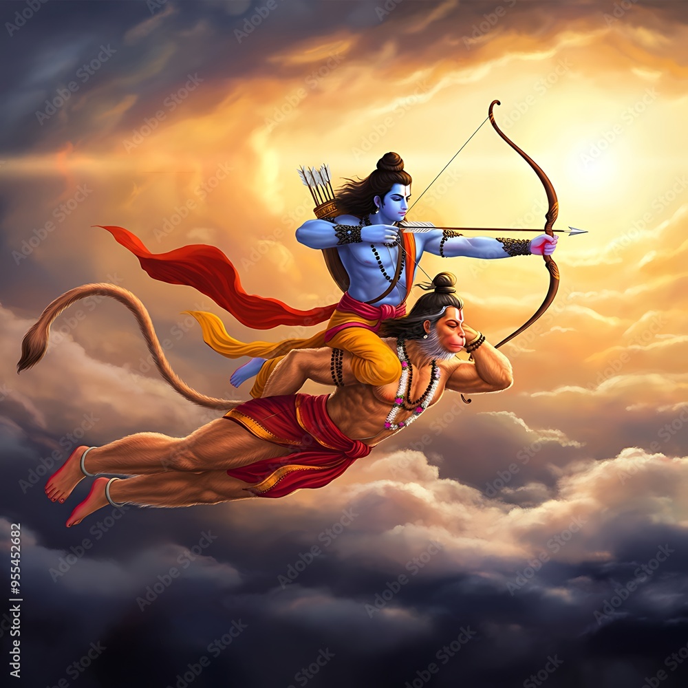 Lord Rama and Lord Hanuman flying in the sky Stock Illustration | Adobe ...