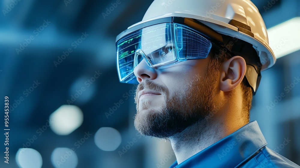 Engineer wearing AR glasses and hard hat, focused on industrial task in ...