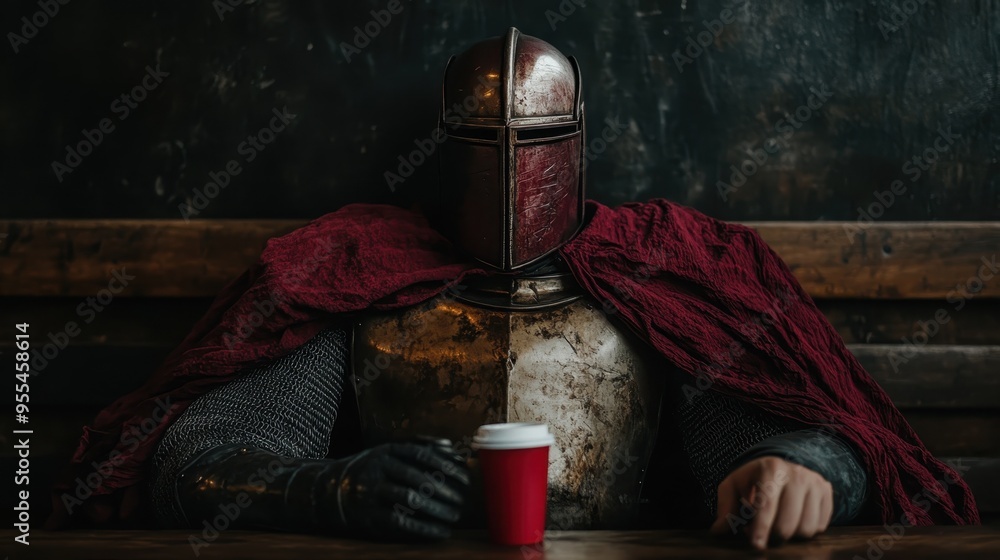 An armored knight adorned in baroque armor and a red cape is seated ...