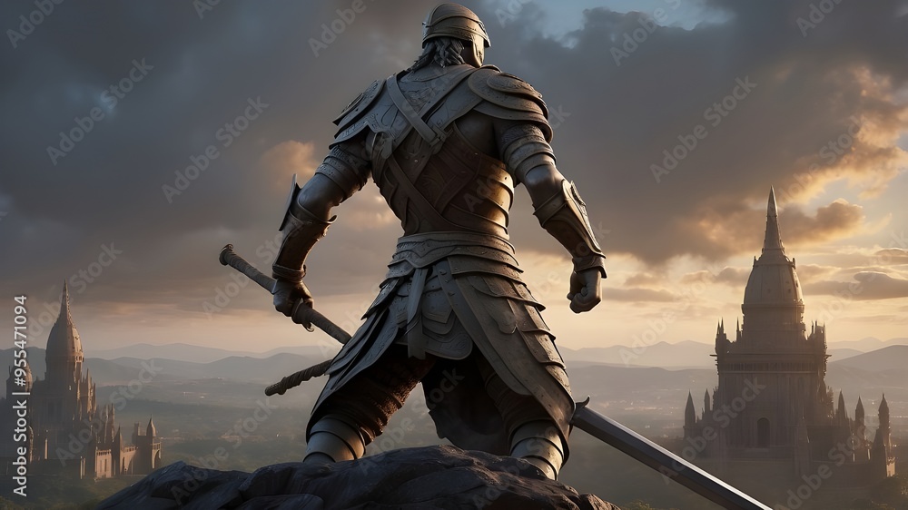 "A towering statue of a warrior, forged from pure iron mettle, stands ...