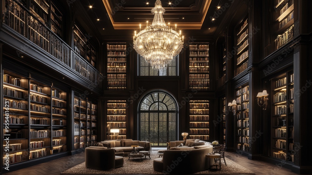 A stylish reading room with a high ceiling, chandeliers, and wall-to ...
