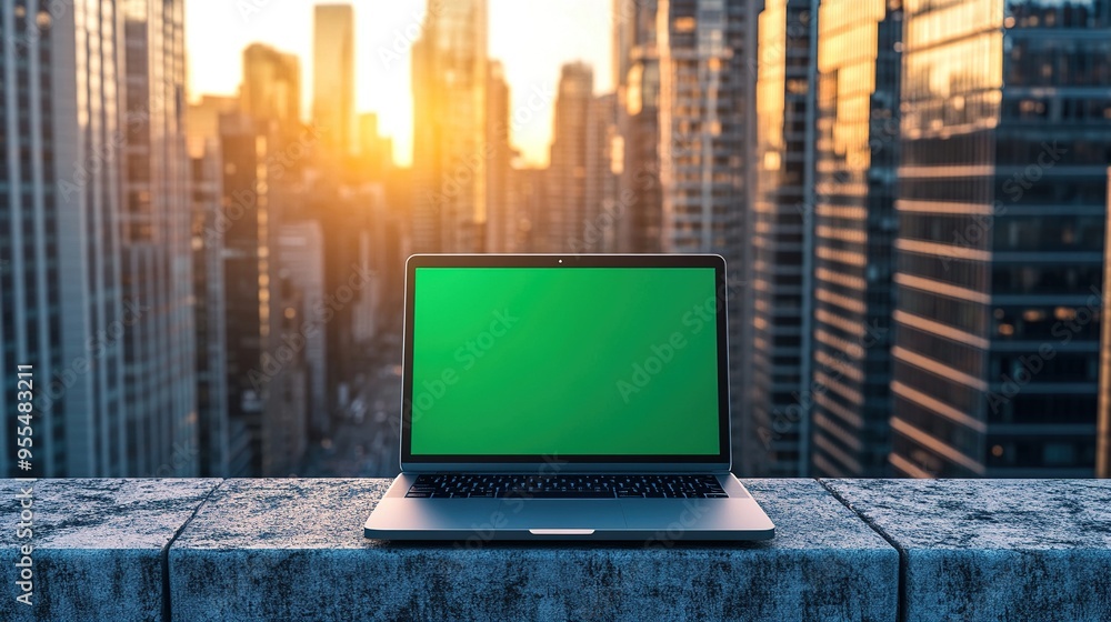 Laptop with green screen placed on a rooftop ledge with city skyline at ...