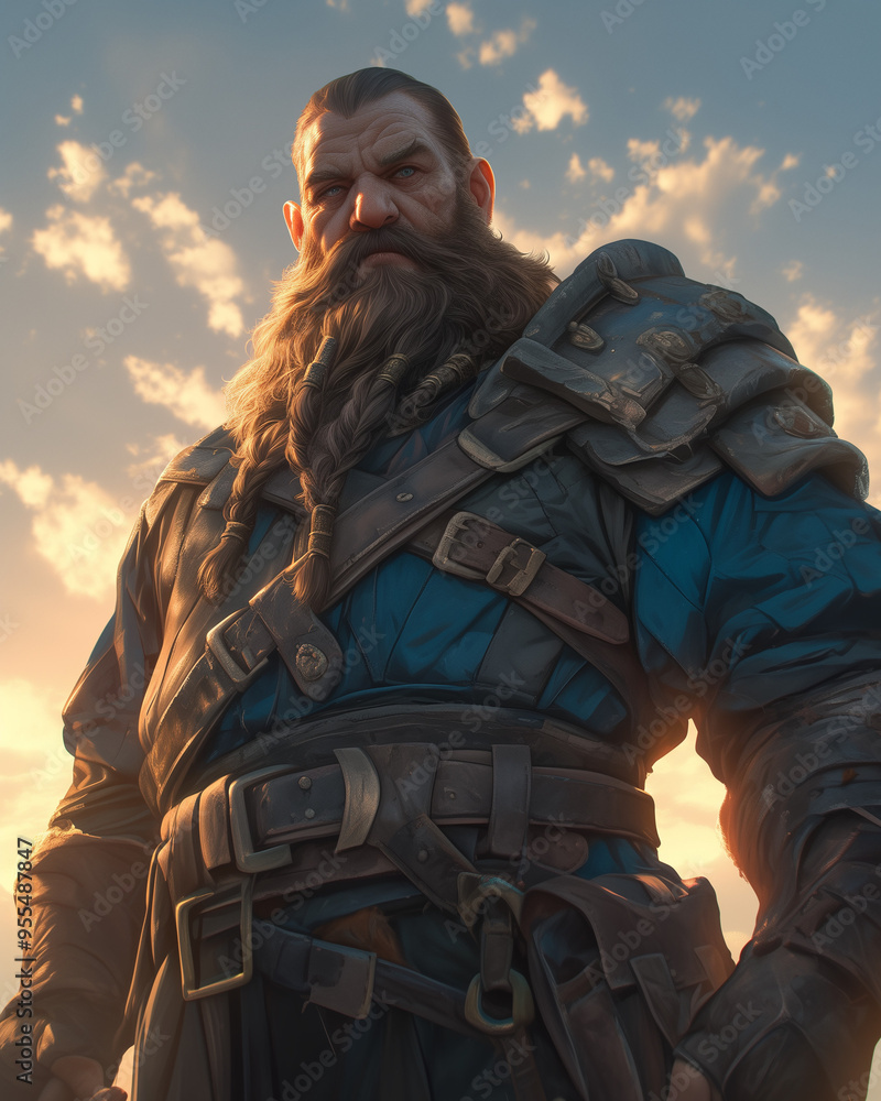 formidable dwarf male warrior with braided beard and stern expression ...