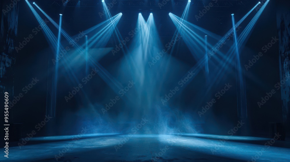 dramatic concert stage bathed in blue spotlight beams volumetric ...