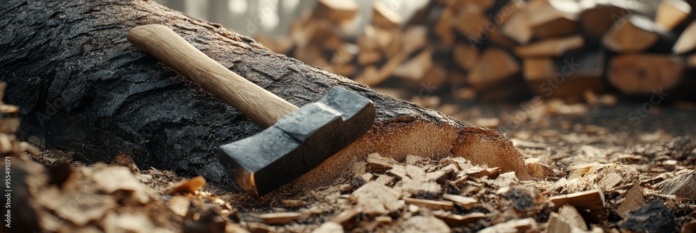 An ax is embedded in a massive log, with wood chips scattered around ...