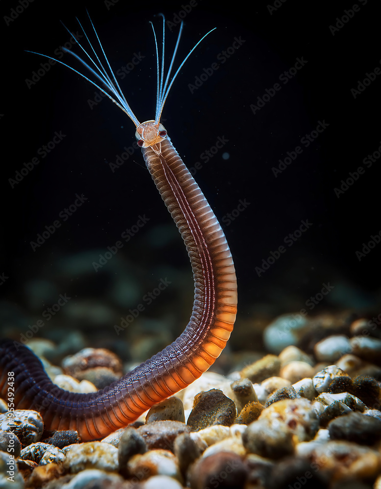 Wild predator bobbit worm with long antennas sitting on gravel sea ...