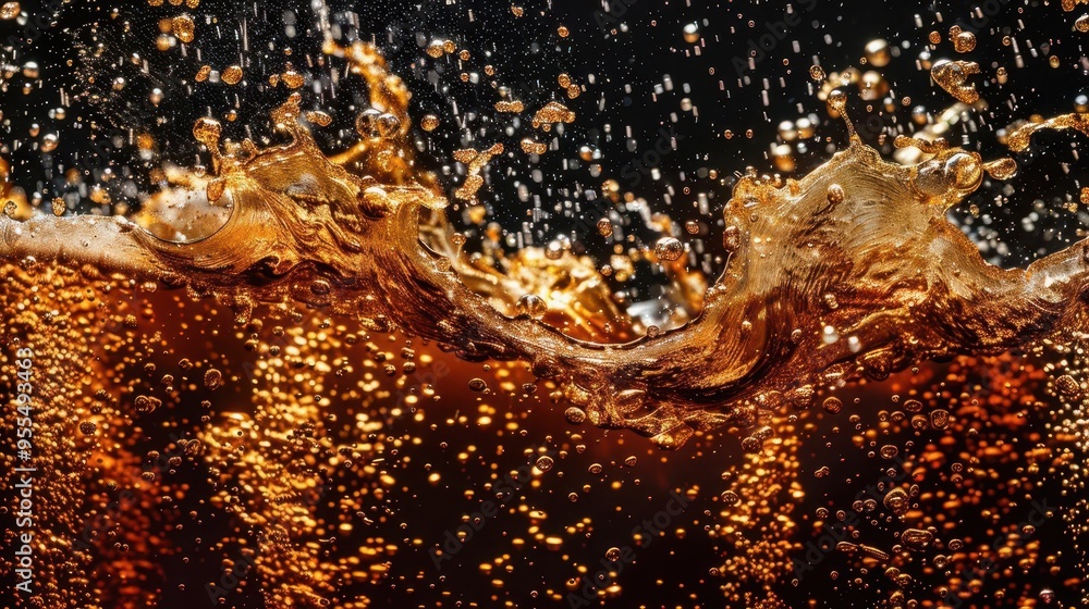 effervescent cola explosion underwater dark bubbles rising against inky ...