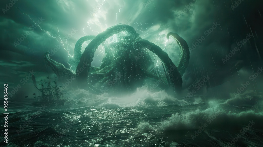 cthulhu rising from stormy sea massive tentacles ominous sky churning waves distant ship for ...