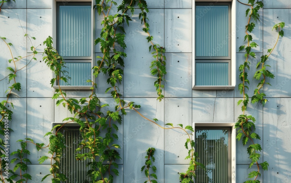 Jurassic plants intertwining with a modern building facade, showcasing ...