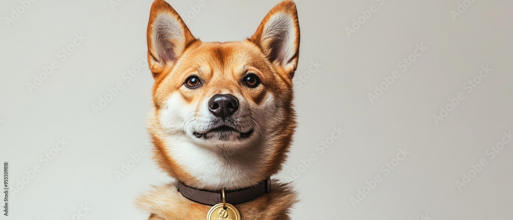Shiba Inu dog with a proud expression, wearing a gold medal against a ...
