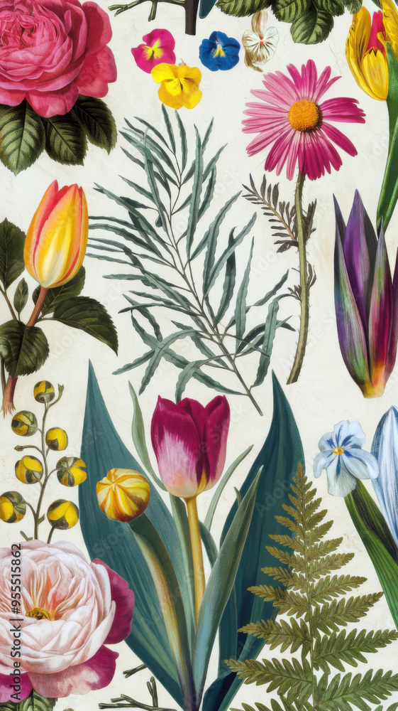 vintage botanical illustration, antique floral wallpaper, retro nature ...