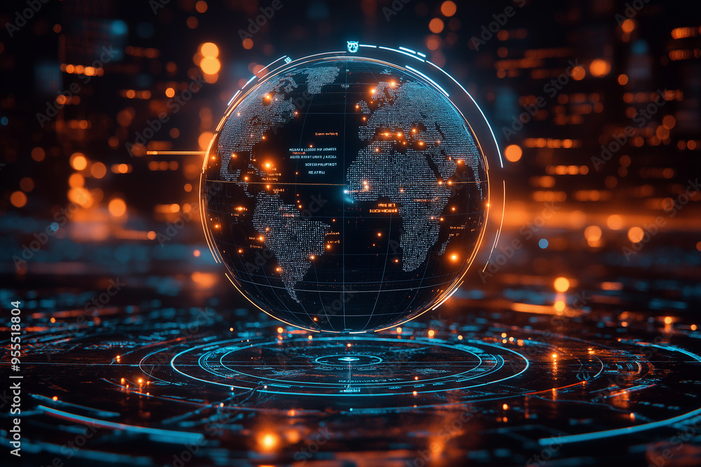 A digital globe with an Earth map, surrounded by glowing lines of code ...