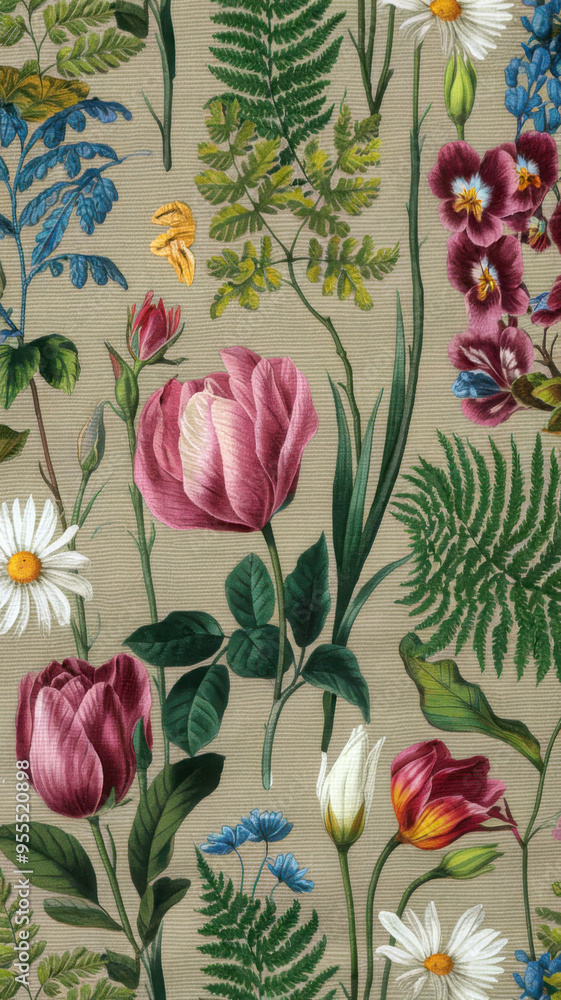 vintage botanical illustration, antique floral wallpaper, retro nature ...