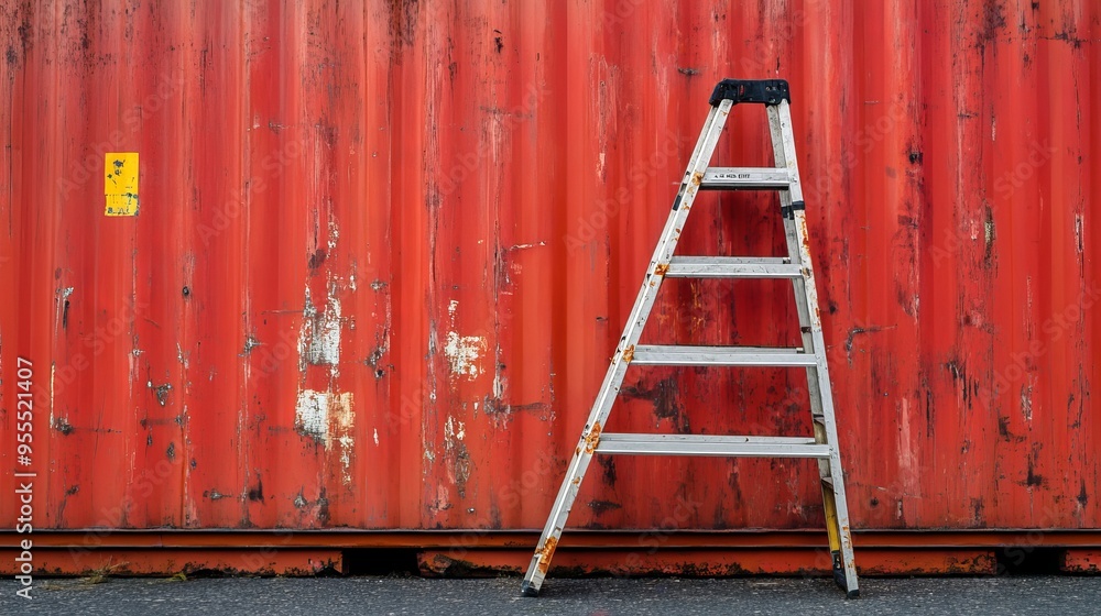 An A-type aluminum folding ladder with damage is propped up against a ...