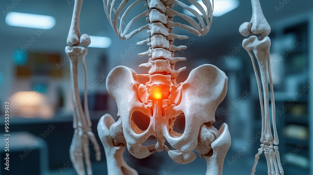 ภาพประกอบสต็อก Lower Back Pain Relief - 3D Rendered Skeleton with ...