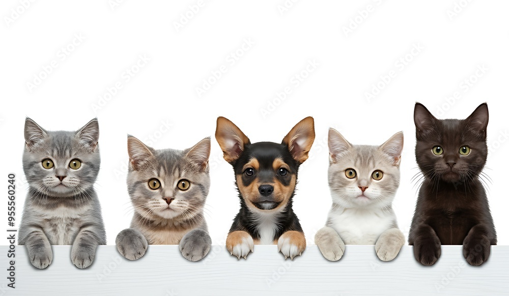 Row of the tops of heads of cats and dogs with paws up, peeking over a ...