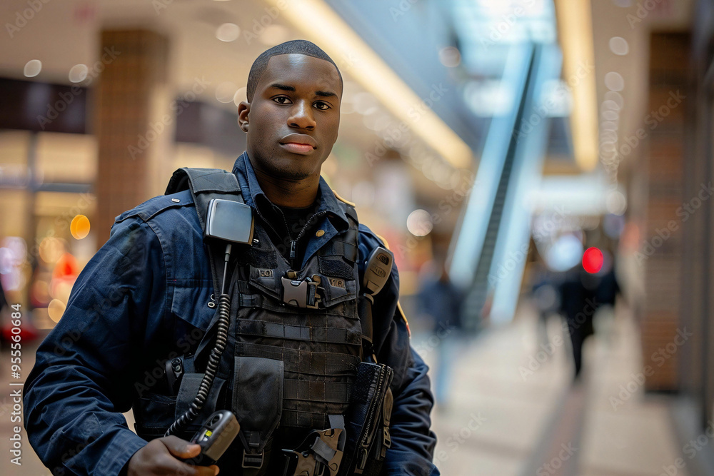 African American security guard officer patrolling a busy mall or ...