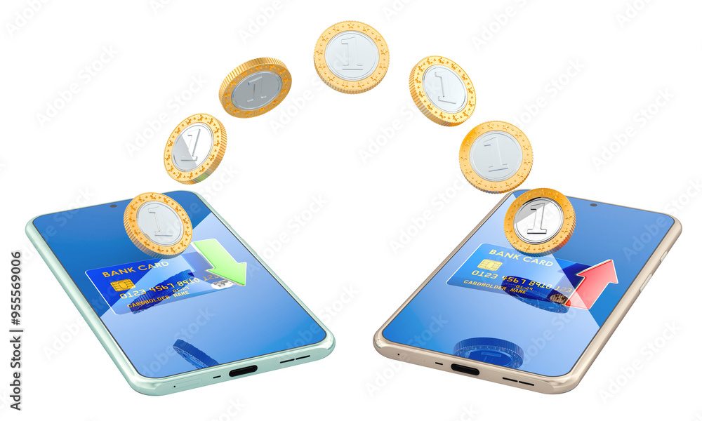 Coins moving between mobile phone for money transfer, electronic ...