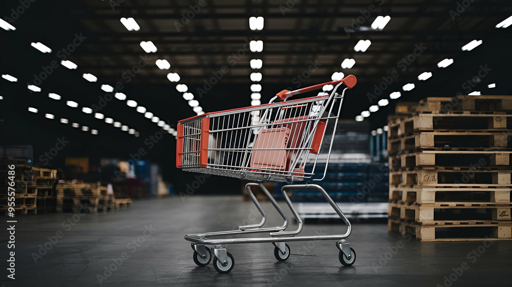 Empty Shopping Cart in a Dimly Lit Warehouse: High Ceilings, Wooden ...