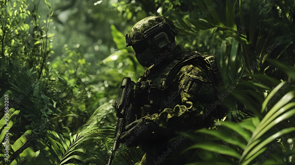 Weathered Operative Navigating Lush Jungle Cloaked in Camouflage ...