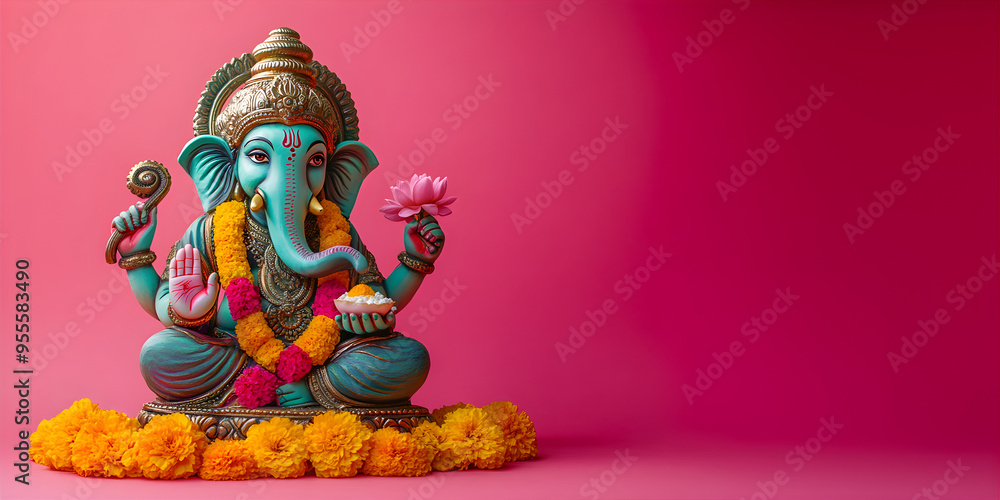 Ganesha, the Hindu deity, is in the center, wearing golden and red ...