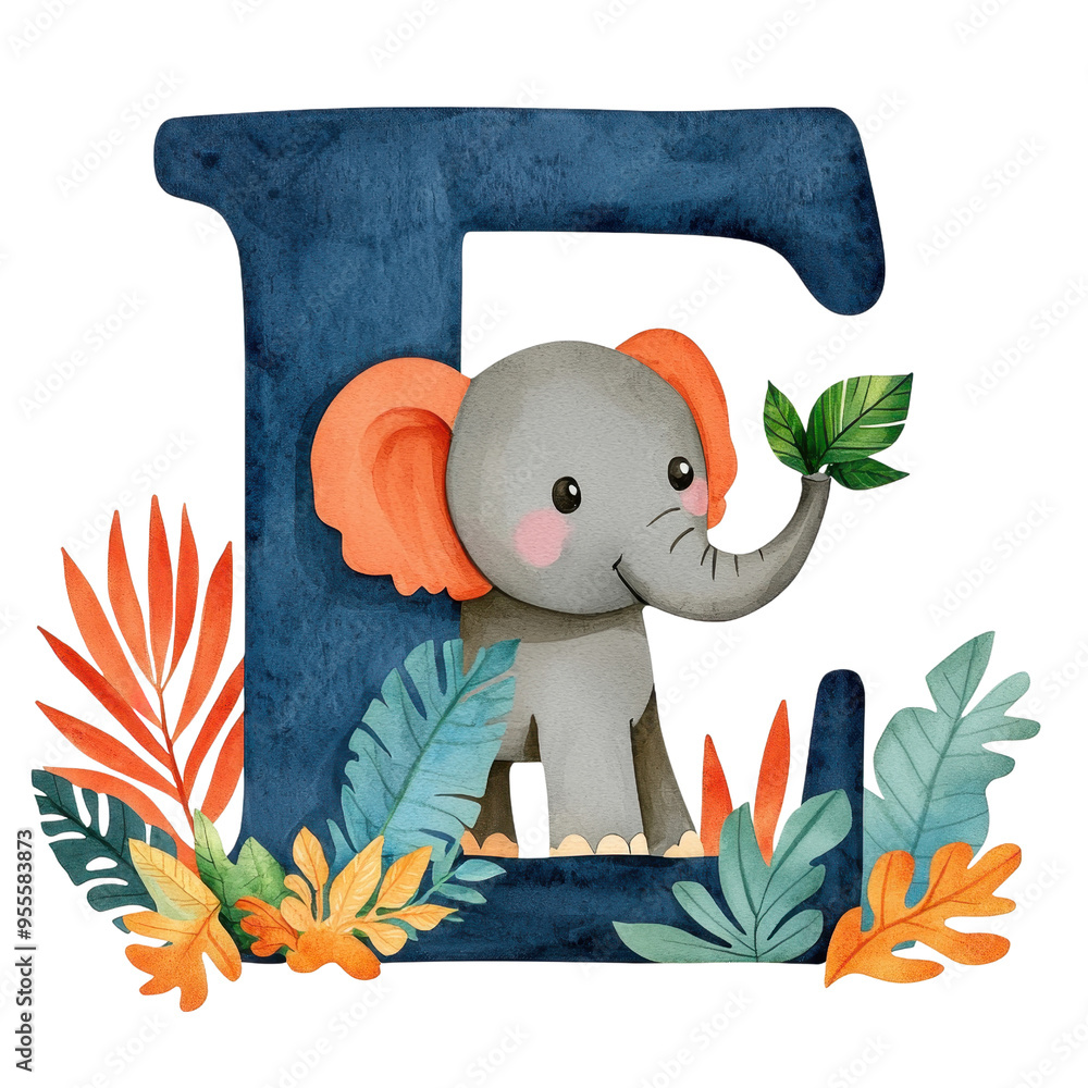 Cute elephant cartoon illustration with letter E surrounded by colorful ...