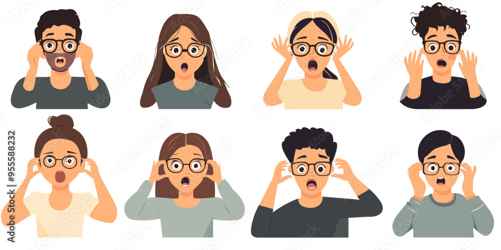 Diverse People Adjusting Glasses With Surprised Expressions. Male Or ...