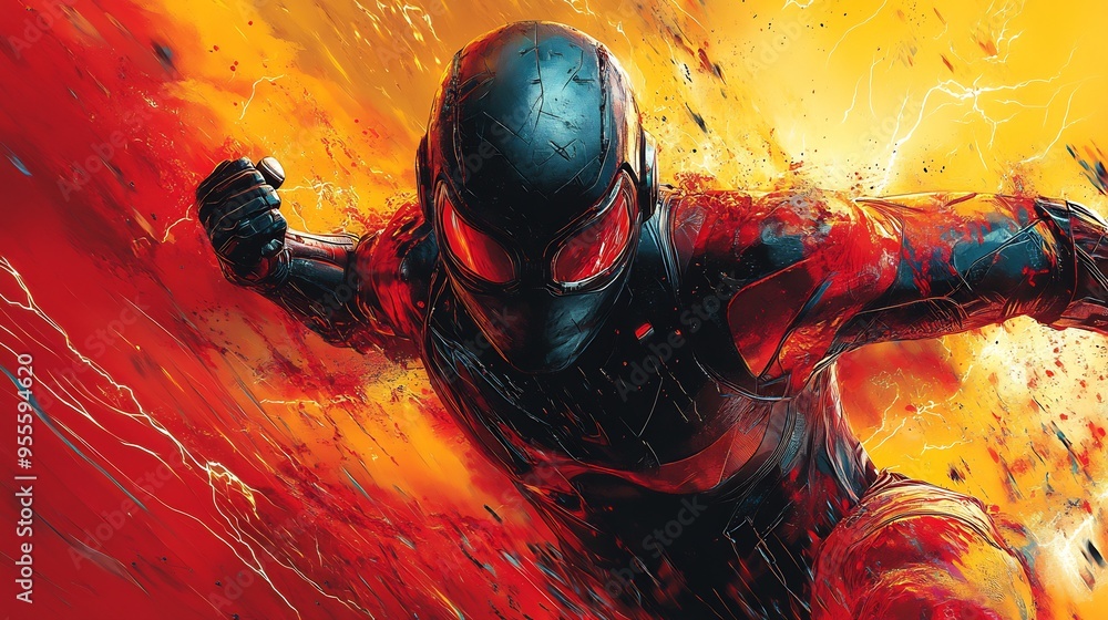 Stylized poster of superhero in an action pose with dynamic background ...