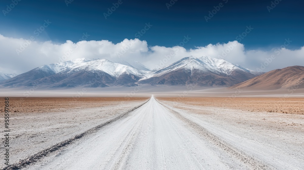 An expansive road stretches into the horizon, leading towards snow ...