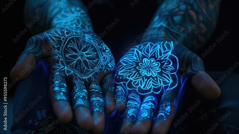 ethereal tattoo art covering arms and torso bioluminescent ink glowing ...