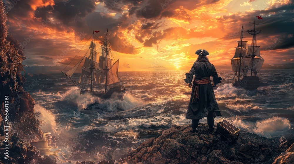 epic pirate standoff grizzled captain on cliff edge facing two majestic ...